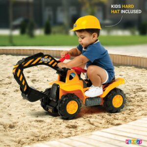 Play22 Toy Tractors for Kids Ride On Excavator - Music Sounds Digger Scooter Bulldozer Includes Helmet with Rocks - Pretend Play - Toddler Construction Truck