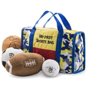 prextex my first sports bag playset with stuffed plush basketball, baseball, soccer ball and football great gift toy for baby and kid