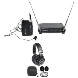 audio-technica atw-901a/l wireless lavalier microphone mic + samson headphones