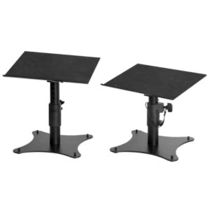 on-stage sms4500-p clamp-on studio monitor speaker stands: height-adjustable (9"-12.5"), locking pin for security, steel construction, nonslip rubber feet. table/desk use, black finish. pair.