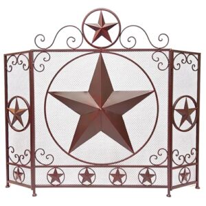 bestgiftever 3-panel fireplace screen decorative with rustic brown star detail - stand alone fireplace cover metal mesh screen - home decor for cabin, lodge, and rustic country style firescreen