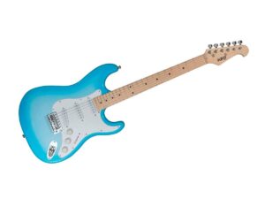 monoprice cali classic electric guitar - blue, 6 strings, double-cutaway solid body, right handed, sss pickups, full-range tone, with gig bag, perfect for beginners - indio series