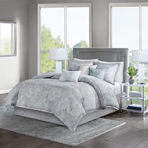 madison park emory cozy cotton comforter set, modern marble design all season down alternative casual bedding with matching shams, decorative pillows, queen(90"x90"), grey 7 piece