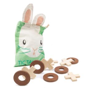 tender leaf toys - tic tac toe - wooden tic tac toe game with bunny drawstring bag - travel board game for kids and adults - age 3+