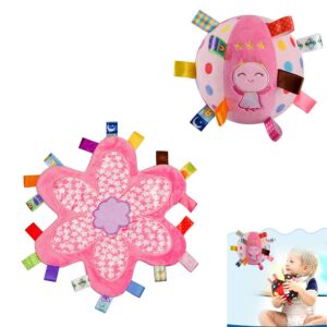 inchant soft stuffed rattle ball with tags comfort security blanket - gift set for baby girl, pink flower security blankie, cute angel plush ball for toddlers and kids