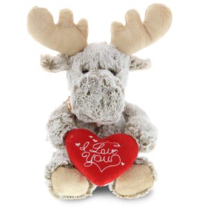 DolliBu I Love You Valentine Plush Sitting Moose - Cute Stuffed Animal with Red Heart and Name Personalization Gift for Valentine's Day, Birthday, Anniversary, Romantic Date - 11 Inches