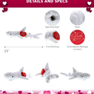 DolliBu I Love You Valentine Plush Big Eye Great White Shark - Cute Stuffed Animal with Red Heart and Name Personalization Gift for Valentines Day, Birthday, Anniversary, Romantic Date - 23 Inches