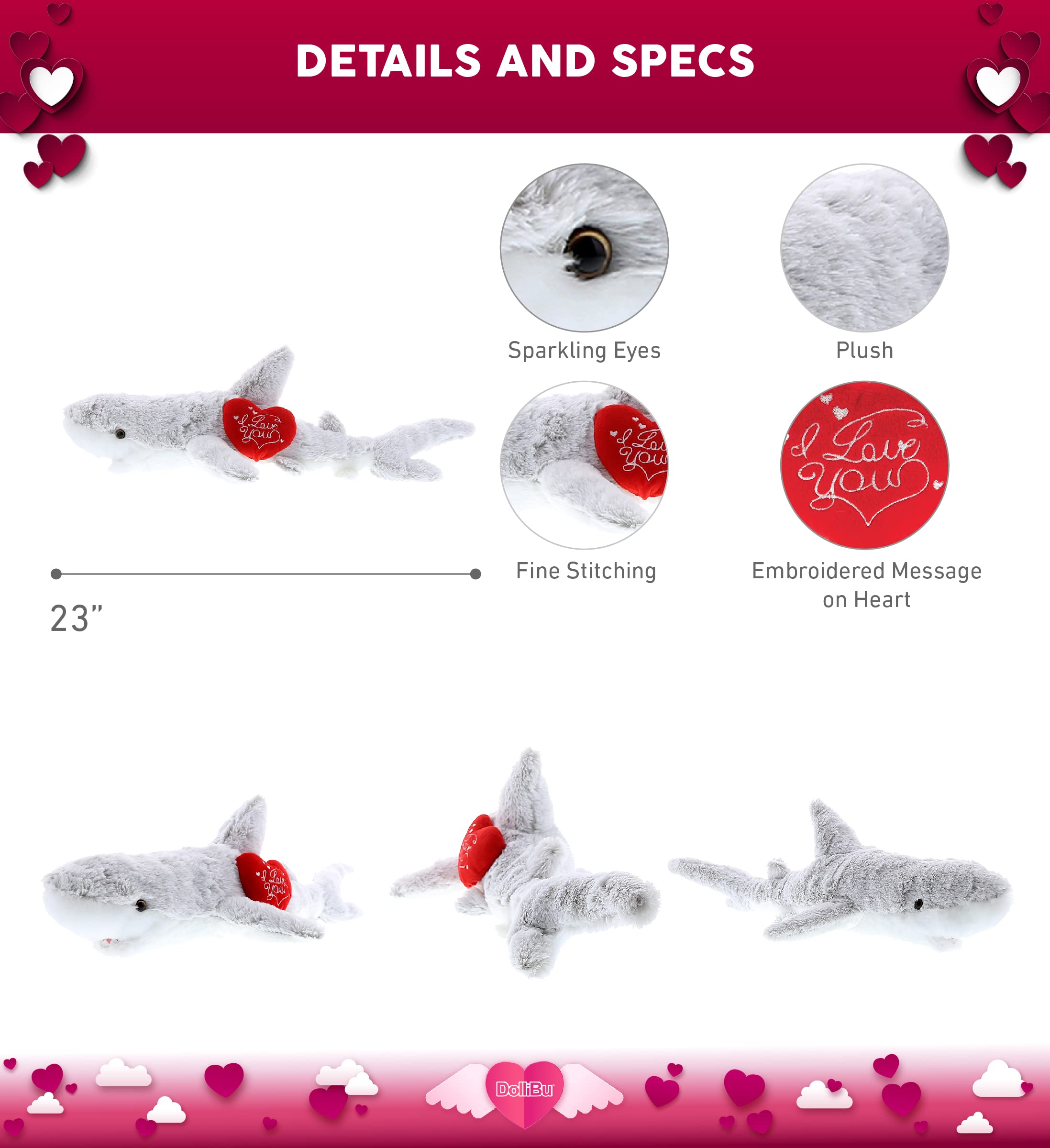 DolliBu I Love You Valentine Plush Big Eye Great White Shark - Cute Stuffed Animal with Red Heart and Name Personalization Gift for Valentines Day, Birthday, Anniversary, Romantic Date - 23 Inches