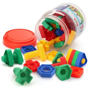 lotfancy nuts and bolts, 24pcs fine motor skills occupational therapy toys for kids, shapes and colors matching toys, montessori building construction game with storage box for baby and toddlers