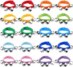 jingle bells, augshy 20 packs christmas wrist jingle bells, 10 colors christmas hand bells, classroom music jingle bells for school and party favors