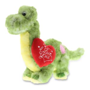 DolliBu I Love You Valentine Green Dinosaur Plush - Cute Dinosaur Stuffed Animal with Red Heart and Name Personalization Gift for Valentines Day, Birthday, Anniversary, Romantic Date - 10 Inches