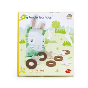 Tender Leaf Toys - Tic Tac Toe - Wooden Tic Tac Toe Game with Bunny Drawstring Bag - Travel Board Game for Kids and Adults - Age 3+