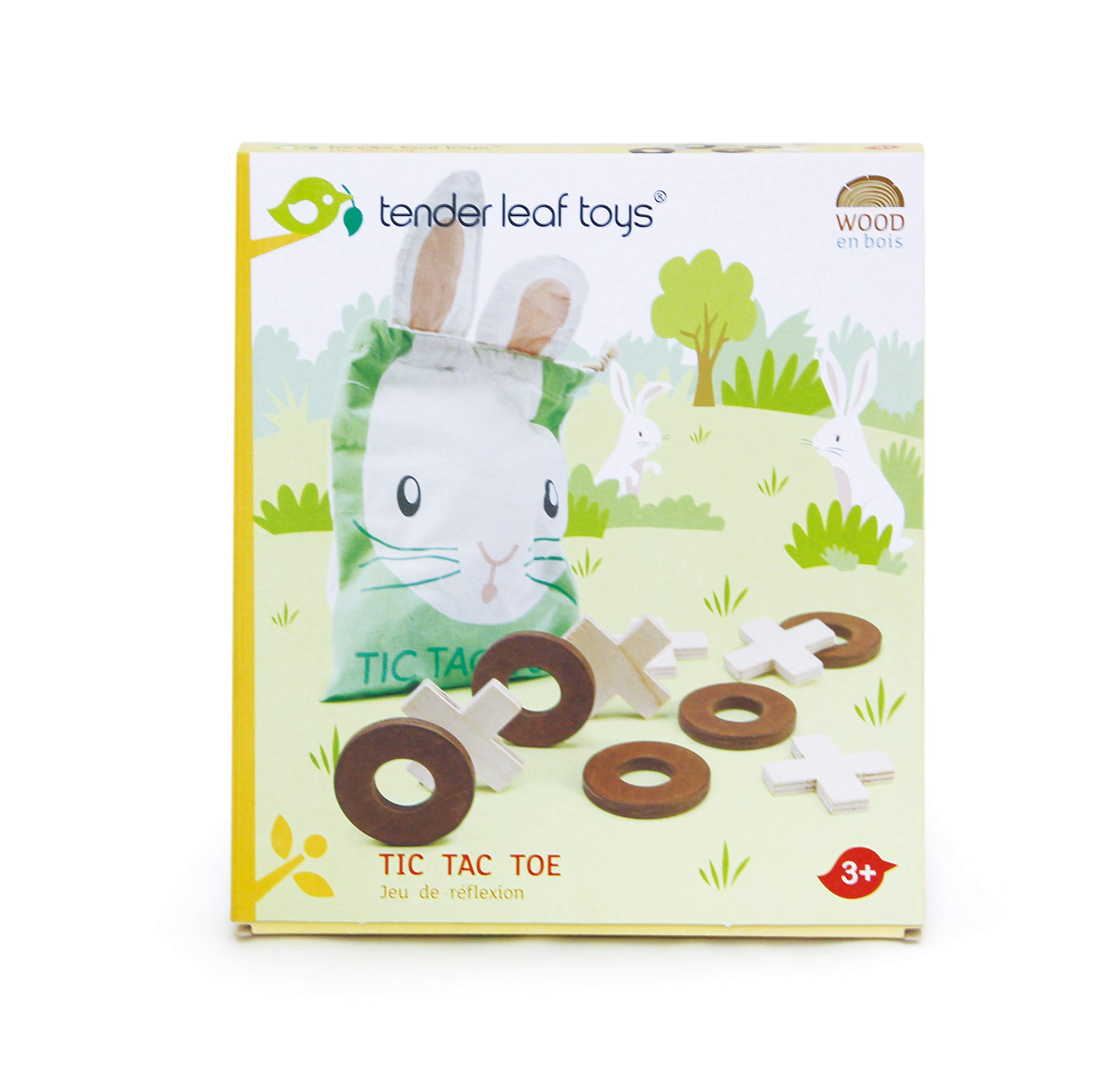 Tender Leaf Toys - Tic Tac Toe - Wooden Tic Tac Toe Game with Bunny Drawstring Bag - Travel Board Game for Kids and Adults - Age 3+