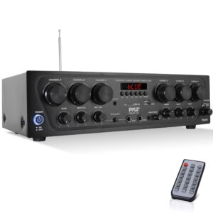 pyle wireless bluetooth karaoke-6 channel 750 watt home audio sound power stereo receiver amplifier w/usb, headphone, 2 microphone input w/echo, talkover for pa pta62bt, aux, black