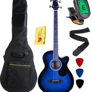 YMC 4 Strings Cutaway Acoustic-Electric Bass Guitar With 4-Band Equalizer, Adjustable Truss Rod,Gig Bag,Strap,Picks-Blue