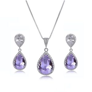 amyjane wedding jewelry set for bride - sterling silver teardrop amethyst purple cubic zirconia crystal rhinestone necklace earrings set bridal jewelry set for bridesmaids february birthstone jewelry