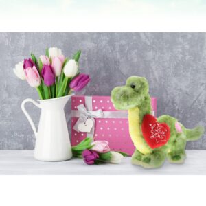 DolliBu I Love You Valentine Green Dinosaur Plush - Cute Dinosaur Stuffed Animal with Red Heart and Name Personalization Gift for Valentines Day, Birthday, Anniversary, Romantic Date - 10 Inches