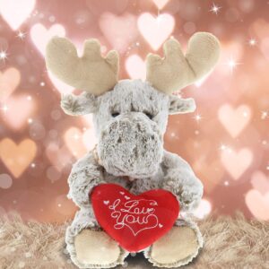 DolliBu I Love You Valentine Plush Sitting Moose - Cute Stuffed Animal with Red Heart and Name Personalization Gift for Valentine's Day, Birthday, Anniversary, Romantic Date - 11 Inches