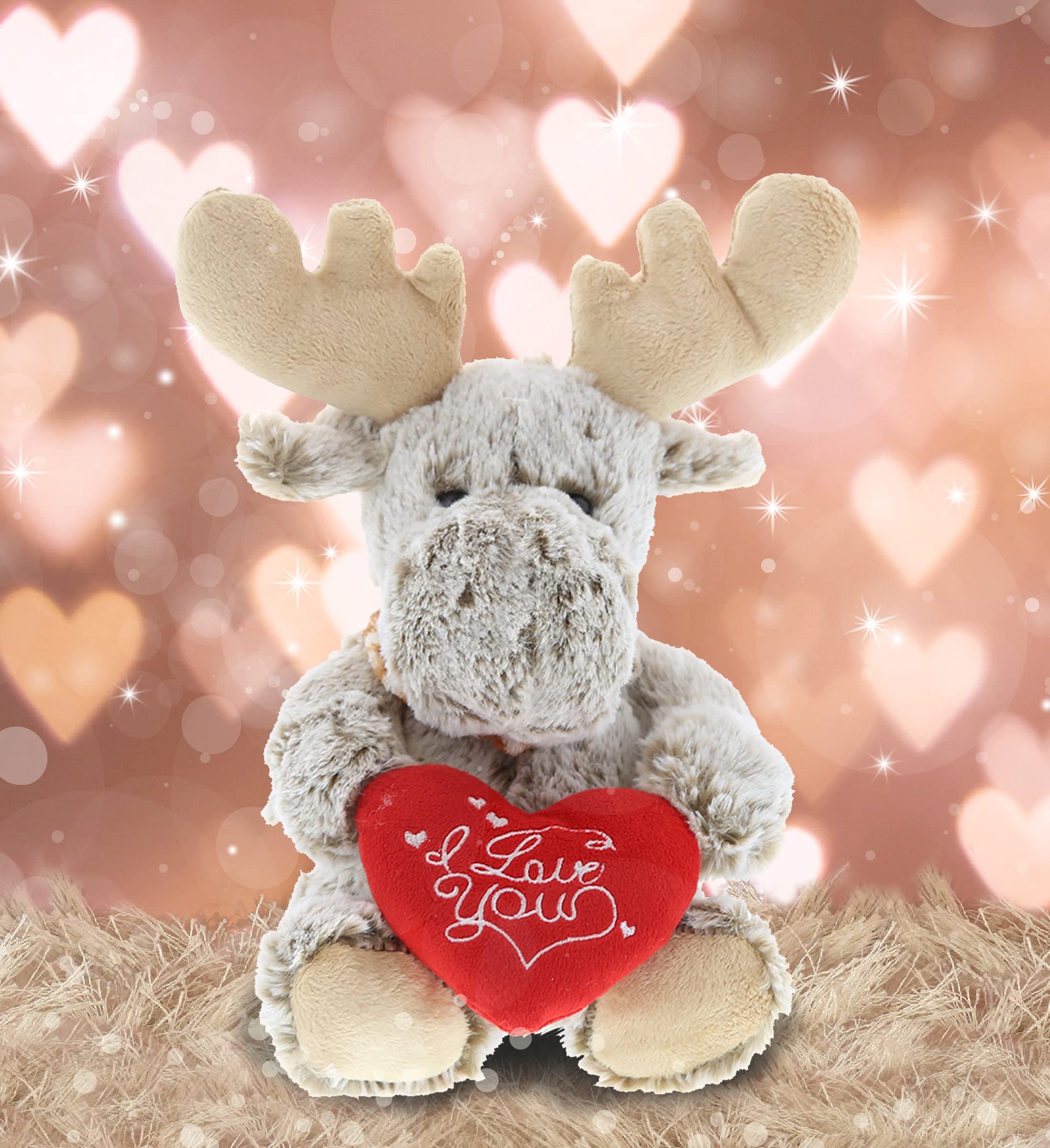 DolliBu I Love You Valentine Plush Sitting Moose - Cute Stuffed Animal with Red Heart and Name Personalization Gift for Valentine's Day, Birthday, Anniversary, Romantic Date - 11 Inches