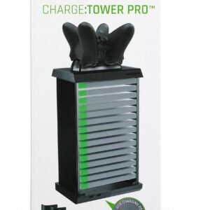 Snakebyte XBOX One Charge Tower Pro - Twin Docking Station with Games Tower for 15 Games, Charger and Battery Packs for 2 Controllers and 2 USB Ports / Gamepad for XBOX One USB Charging Station