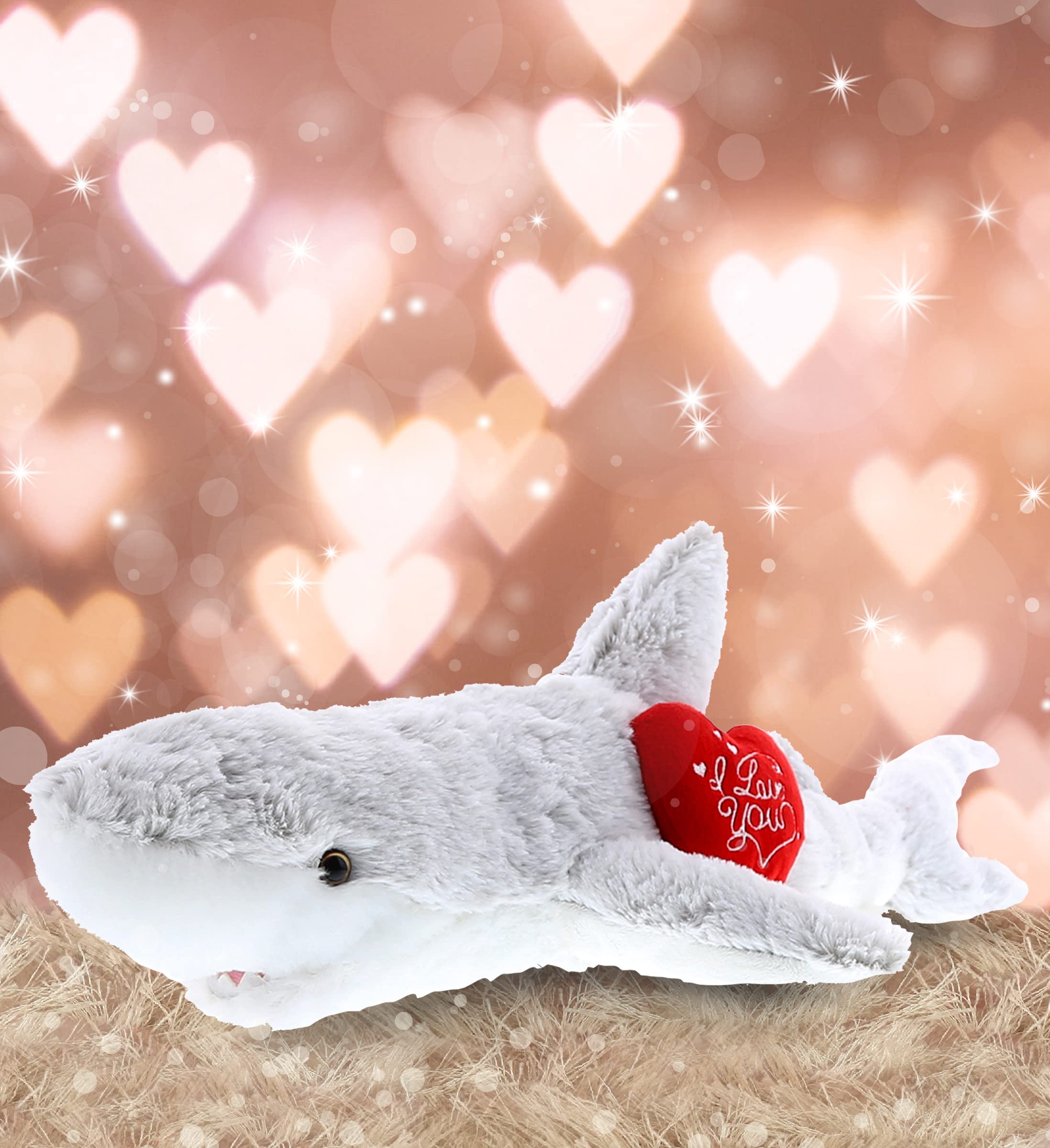 DolliBu I Love You Valentine Plush Big Eye Great White Shark - Cute Stuffed Animal with Red Heart and Name Personalization Gift for Valentines Day, Birthday, Anniversary, Romantic Date - 23 Inches