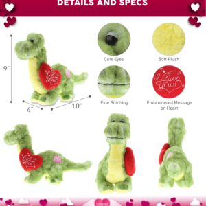 DolliBu I Love You Valentine Green Dinosaur Plush - Cute Dinosaur Stuffed Animal with Red Heart and Name Personalization Gift for Valentines Day, Birthday, Anniversary, Romantic Date - 10 Inches