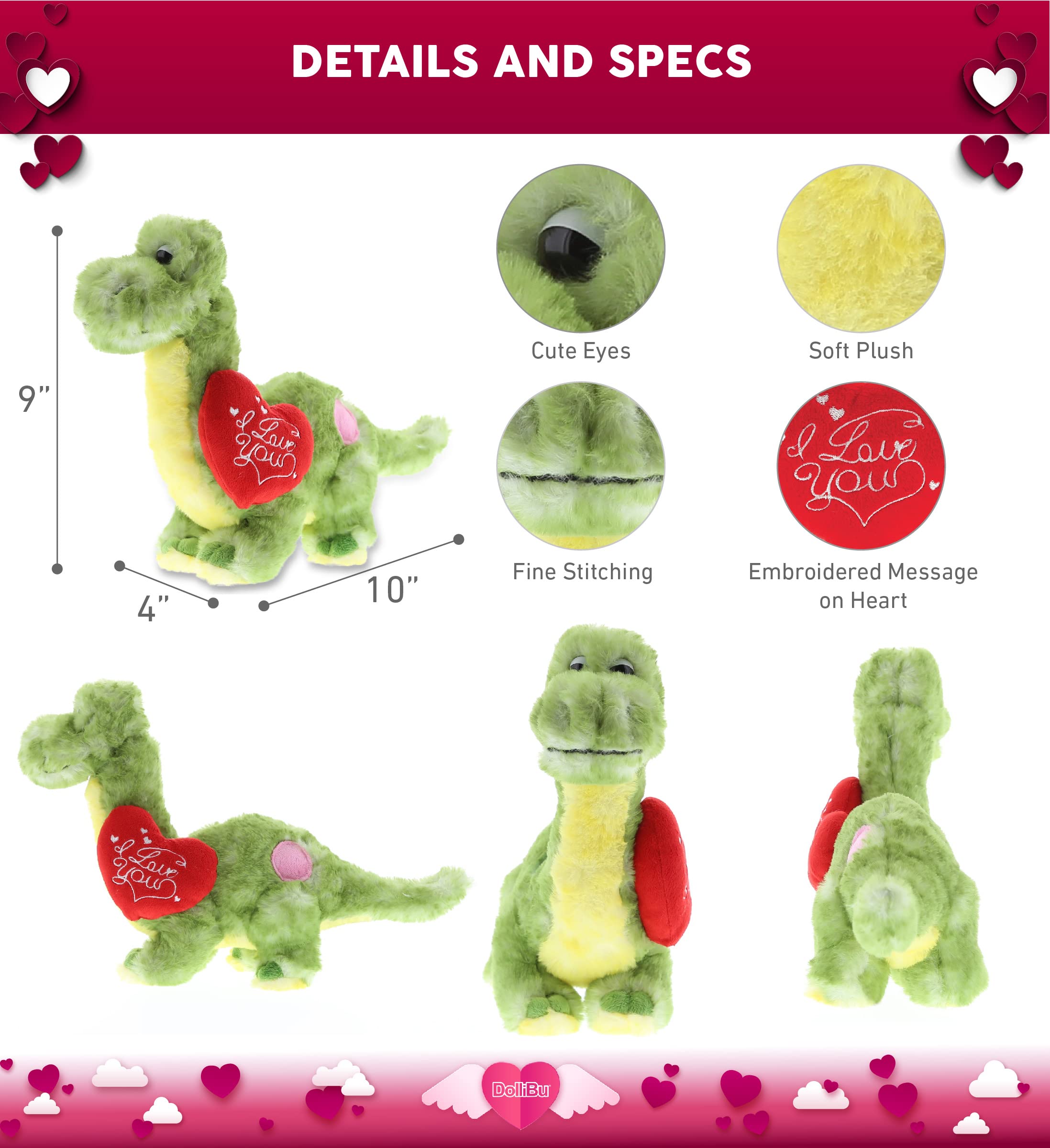 DolliBu I Love You Valentine Green Dinosaur Plush - Cute Dinosaur Stuffed Animal with Red Heart and Name Personalization Gift for Valentines Day, Birthday, Anniversary, Romantic Date - 10 Inches