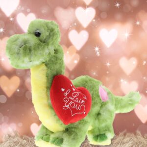 DolliBu I Love You Valentine Green Dinosaur Plush - Cute Dinosaur Stuffed Animal with Red Heart and Name Personalization Gift for Valentines Day, Birthday, Anniversary, Romantic Date - 10 Inches