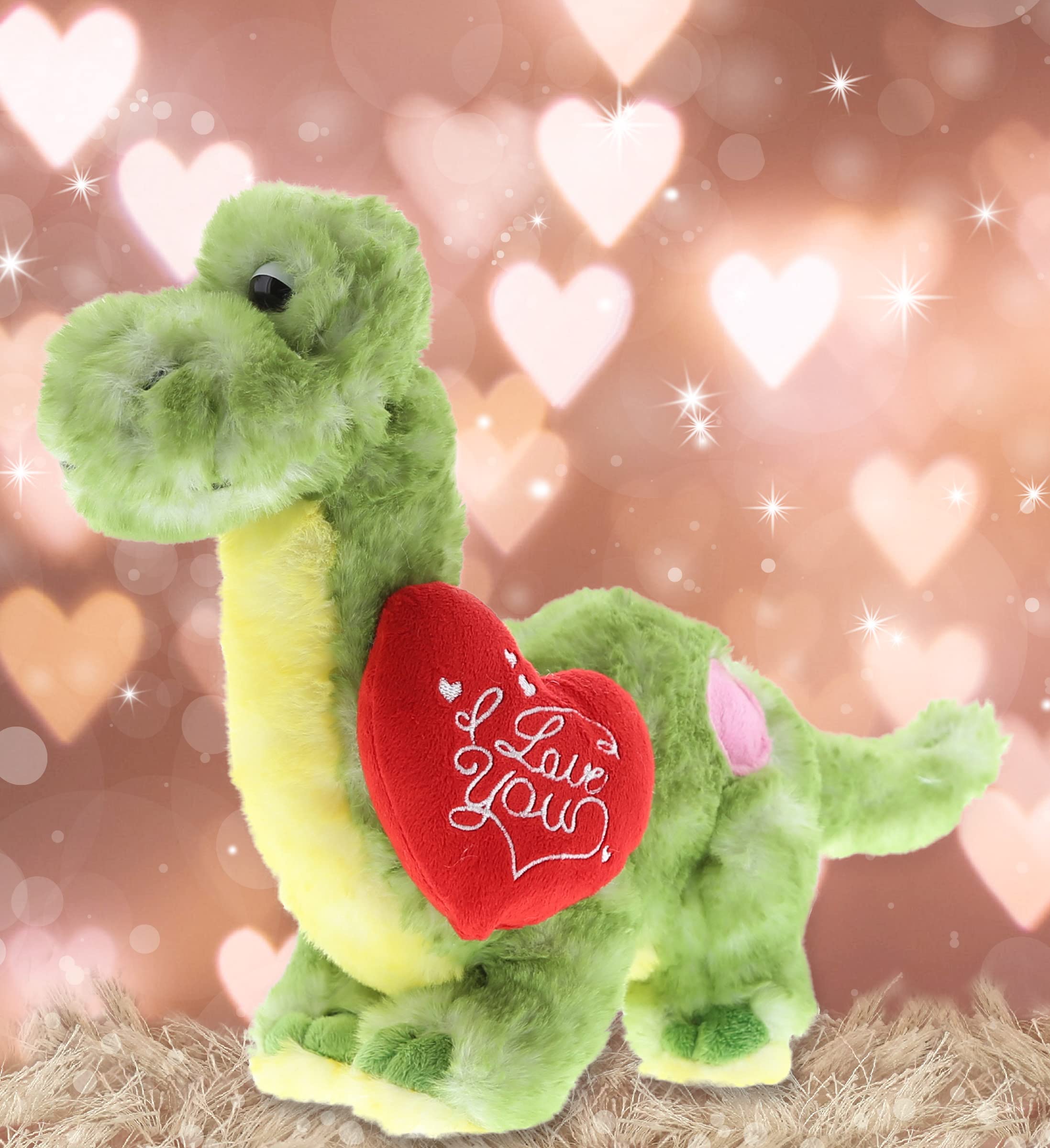 DolliBu I Love You Valentine Green Dinosaur Plush - Cute Dinosaur Stuffed Animal with Red Heart and Name Personalization Gift for Valentines Day, Birthday, Anniversary, Romantic Date - 10 Inches