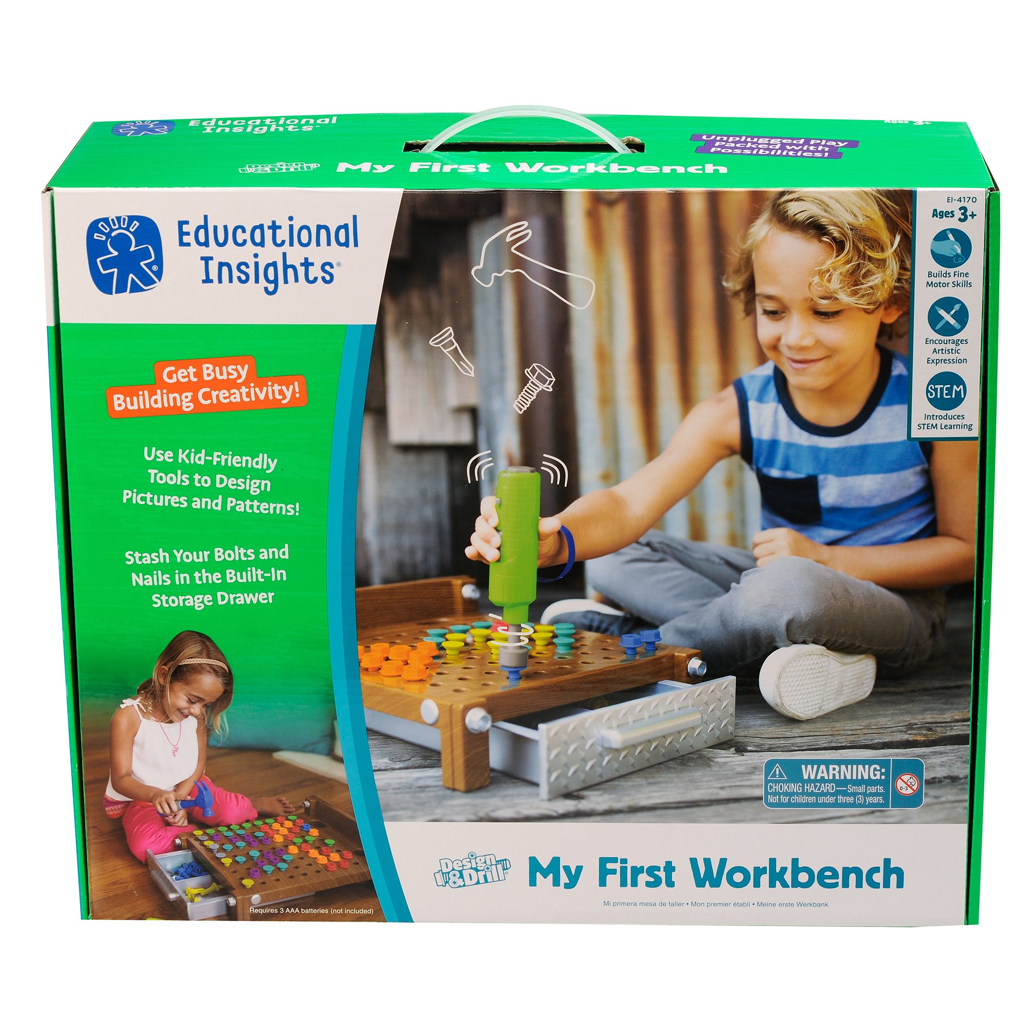 Educational Insights Design & Drill My First Workbench, Drill Toy, STEM & Construction, 125 Pieces, Ages 3+