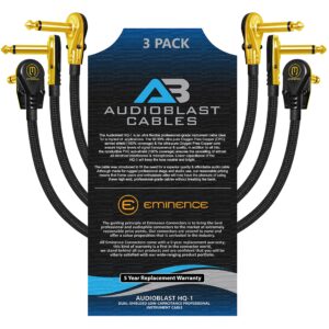 3 units - 10 inch - audioblast hq-1-braid (black) - ultra flexible -dual shielded(100%) -instrument effects pedal patch cable w/low-profile, r/a gold pancake ts(6.35mm) plugs & dual staggered boots