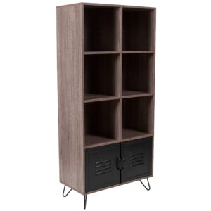 flash furniture woodridge collection 59.25"h 6 cube storage organizer bookcase with metal cabinet doors and metal legs in rustic wood grain finish