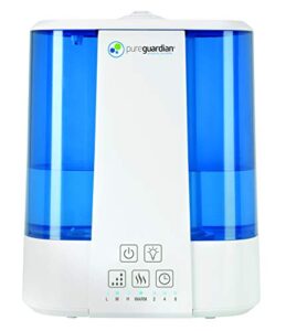 pureguardian h5225wca ultrasonic warm & cool mist humidifier, 100 hrs. run time, 2 gal. tank, 560 sq. ft. coverage, quiet, filter free, silver clean treated tank, essential oil tray, white/blue