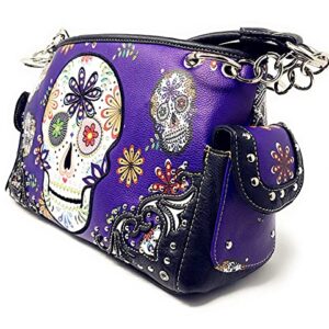 Texas West Women's Embroidered Sugar Skull Handbag Purse Wallet Set in Multi Color (Purple)