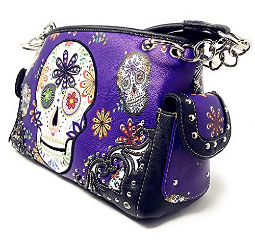 Texas West Women's Embroidered Sugar Skull Handbag Purse Wallet Set in Multi Color (Purple)