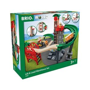 brio world 33887 lift & load warehouse set | 32 piece kids train toy set with wooden tracks and accessories | interactive design | fsc certified wood | for ages 3 and up