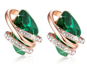 leafael wish stone stud earrings with emerald green birthstone crystal, 18k rose gold plated