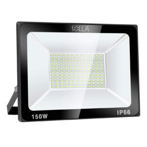 solla 150w led flood light, ip66 waterproof, 12000lm, 800w equivalent, super bright outdoor security lights, 3000k warm white, outdoor floodlight for garage, garden, lawn and yard