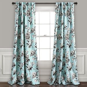 lush decor, blue and gray tania curtains | floral garden light filtering window panel set for living, dining, bedroom (pair), 52" w x 84" l