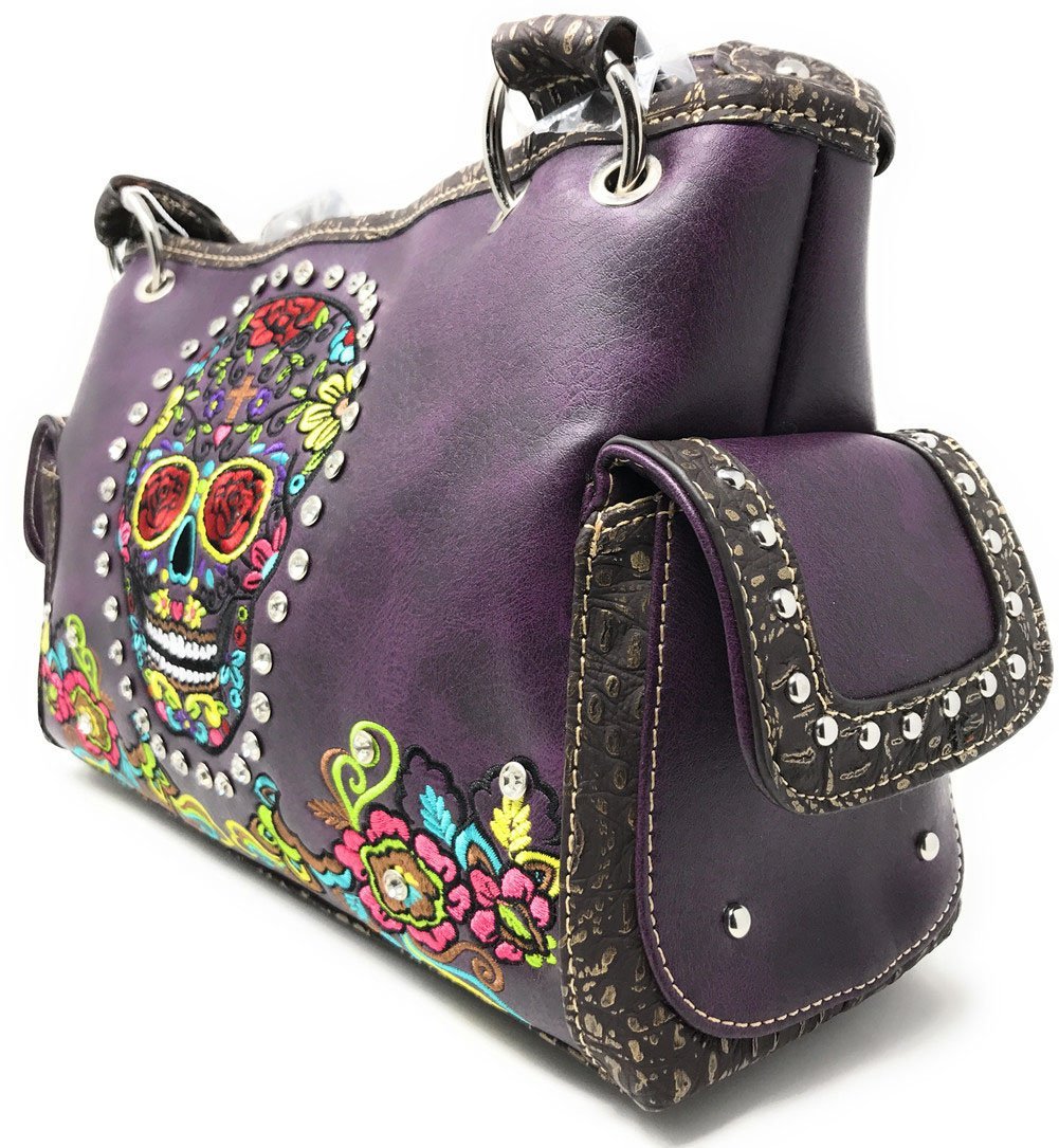 Texas West Women's Embroidered Sugar Skull Handbag Purse Wallet Set in Multi Color (Purple)