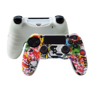 PS4 Controller Grip,Hikfly Skin Silicone Gel Controller Cover Case Protector Compatible for PS4/PS4 Slim/PS4 Pro Controller (1x Controller Cover with 8 x FPS Pro Thumb Grip Caps)(White Cartoon)