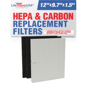 lifesupplyusa complete replacement filter set (1 true hepa air cleaner replacement filter + 2 carbon filters) compatible with coway airmega 200m ap-1512hh mighty # 3304899 air purifiers