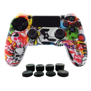 ps4 controller grip,hikfly skin silicone gel controller cover case protector compatible for ps4/ps4 slim/ps4 pro controller (1x controller cover with 8 x fps pro thumb grip caps)(white cartoon)