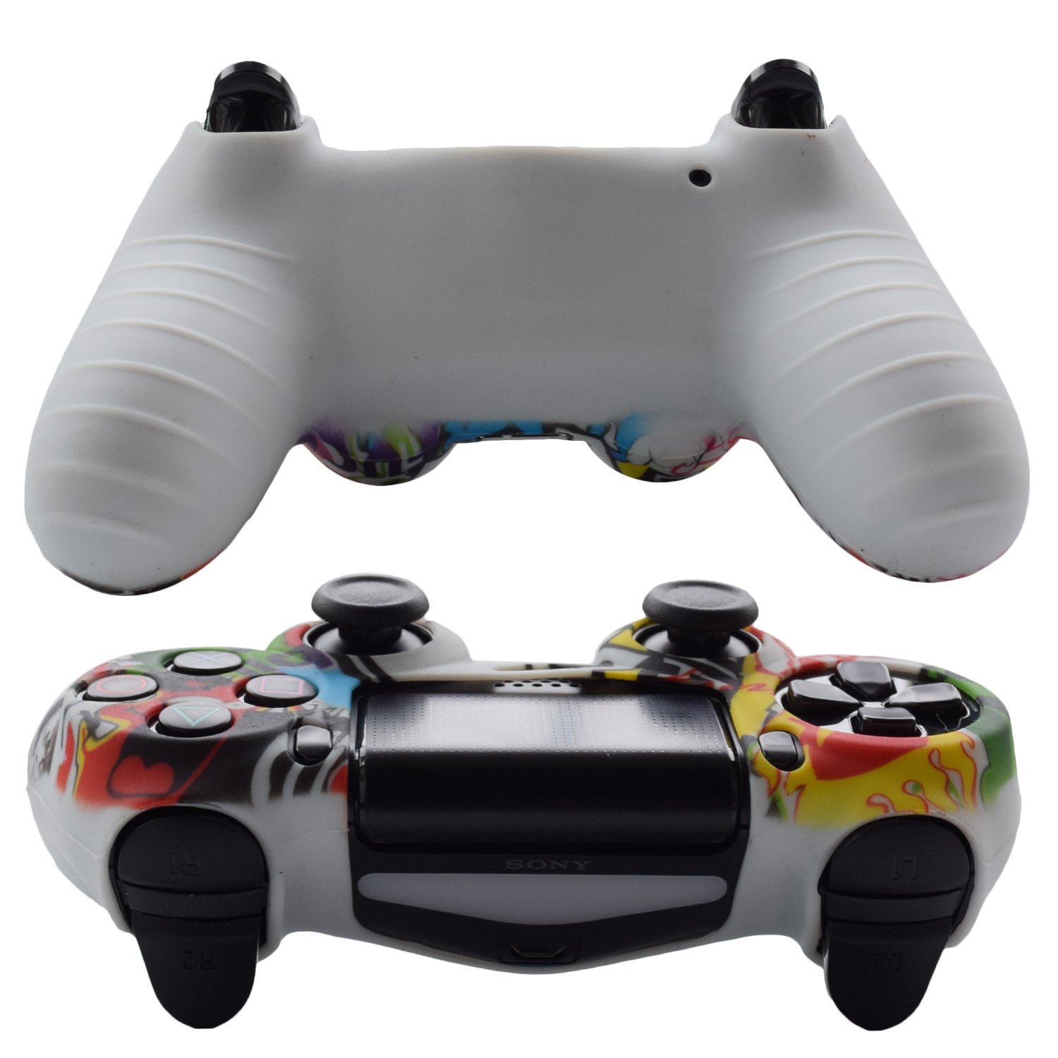 PS4 Controller Grip,Hikfly Skin Silicone Gel Controller Cover Case Protector Compatible for PS4/PS4 Slim/PS4 Pro Controller (1x Controller Cover with 8 x FPS Pro Thumb Grip Caps)(White Cartoon)