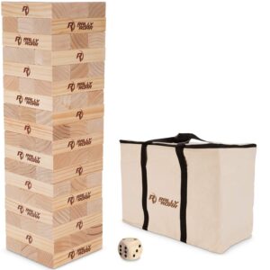 rally and roar towering timbers giant tumbling timbers game 2.5 feet tall (build to over 5 feet) classic wood version - for adults, family stacking blocks set w/canvas bag