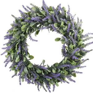 gtidea 18" artificial lavender wreath for front door purple lavender flowers wreath with eucalyptus leaves farmhouse wreath outdoor for christmas home porch wall window garden indoor party decor