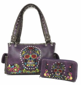 texas west women's embroidered sugar skull handbag purse wallet set in multi color (purple)