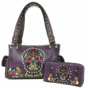 Texas West Women's Embroidered Sugar Skull Handbag Purse Wallet Set in Multi Color (Purple)