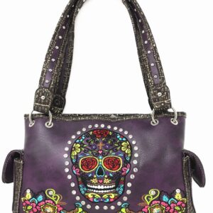 Texas West Women's Embroidered Sugar Skull Handbag Purse Wallet Set in Multi Color (Purple)