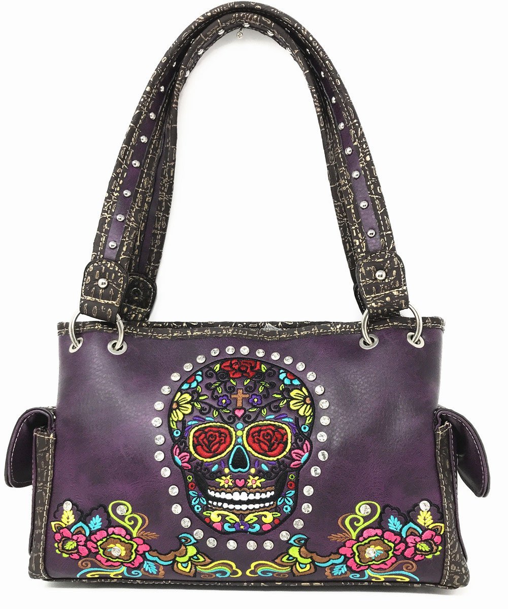 Texas West Women's Embroidered Sugar Skull Handbag Purse Wallet Set in Multi Color (Purple)